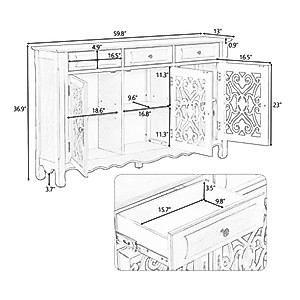 SEASD 59.8" Console Table Sideboard with 3 Doors, Drawers and Adjustable Shelves for Living Room Dining Room