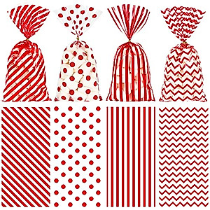 Whaline 160Pcs Christmas Cellophane Treat Bags Red Stripe Wave Dot Clear Cello Candy Bags with 170Pcs Twist Ties Cookie Goody Snack Packing Plastic Gift Bags for Valentine Party Favor Supplies