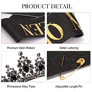 Birthday Queen Sash & Crystal Tiara Kit, Didder Rhinestones Crown Glitter Birthday Sash Birthday Crowns for Women Girls Birthday Tiaras for Women Hair Accessories for Prom Party Gift (Black)
