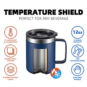 ALOUFEA 12oz Stainless Steel Insulated Coffee Mug with Handle, Double Wall Vacuum Travel Mug, Tumbler Cup with Sliding Lid, Navy