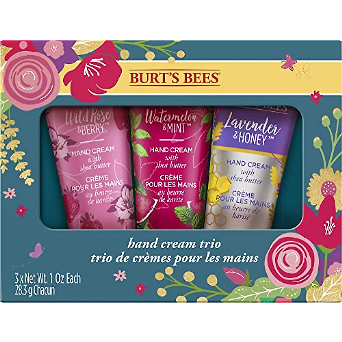Burt's Bees Gifts, 3 Moisturizing Hand Creams with Shea Butter, Hand Cream Trio Spring Set - Lavender and Honey, Wild Rose and Berry & Watermelon and Mint