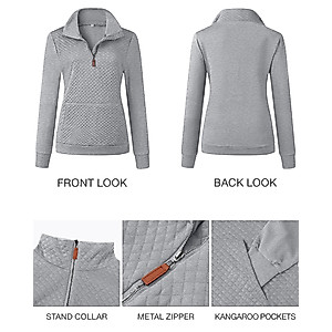 BTFBM Women Fashion Quilted Pattern Lightweight Zipper Long Sleeve Plain Casual Ladies Sweatshirts Pullovers Shirts Tops (Light Grey, X-Large)