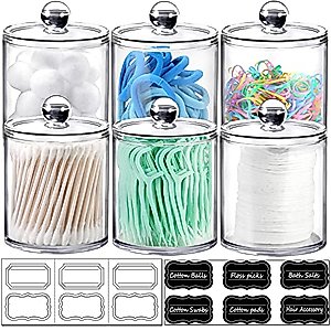 6 Pack of 12 Oz. Qtip Dispenser Apothecary Jars Bathroom with Labels - Qtip Holder Storage Canister Clear Plastic Acrylic Jar for Cotton Ball,Cotton Swab,Cotton Rounds,Floss Picks, Hair Clips (Clear)
