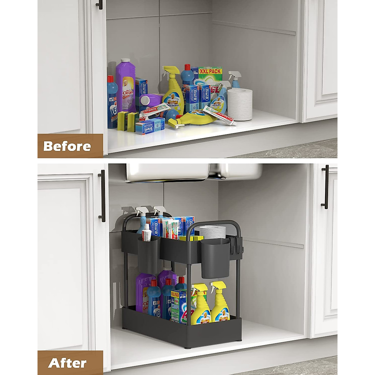 FURTIME Under Sink Organizer, 2 Tier Kitchen Under Sink Storage Bathroom Countertop Organizer with 6 Hooks 2 Hanging Cups and Anti-Foot for Bathroom Kitchen Spice Makeup Cosmetics Vanity Narrow Space