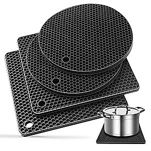 Ardanlingke Silicone Trivet Mats, trivets for hot pots and Pans, Extra Thick Hot Pads for Kitchen, Multi-Purpose Pot Holder, Non-Slip Jar Opener, Gripper Pad, Drying Mat, Coaster (4 Pcs, Dark Gray)