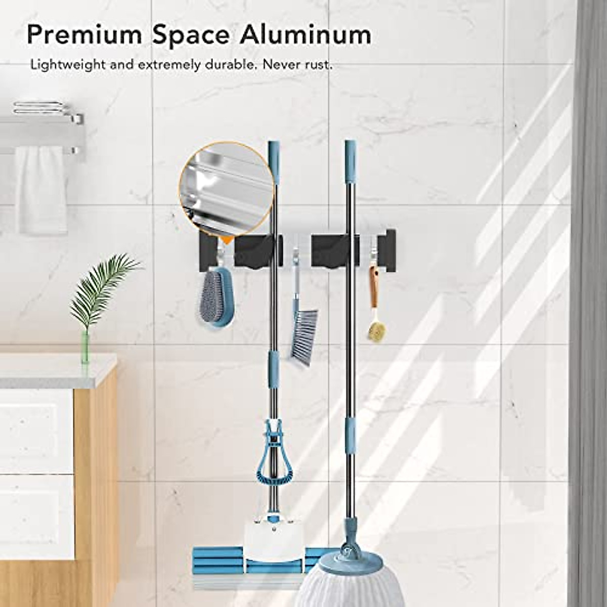 KINGTOP Broom Mop Holder Wall Mount Sturdy Space Aluminum Broom Organizer Rack with Hooks Great for Home Pantry, Kitchen, Garden,Garage & Laundry Tool Storage (2 Racks 3 Hooks Black)