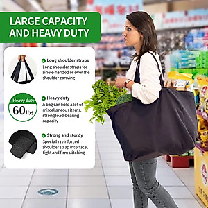1 Pack Canvas Shopping Bags for Groceries, Holds 60 lbs Heavy Duty Reusable Canvas Grocery Bag, 8.3 gal Multi-Purpose Washable Canvas Grocery Bags Reusable Shopping Bags with 5 Pockets, Black