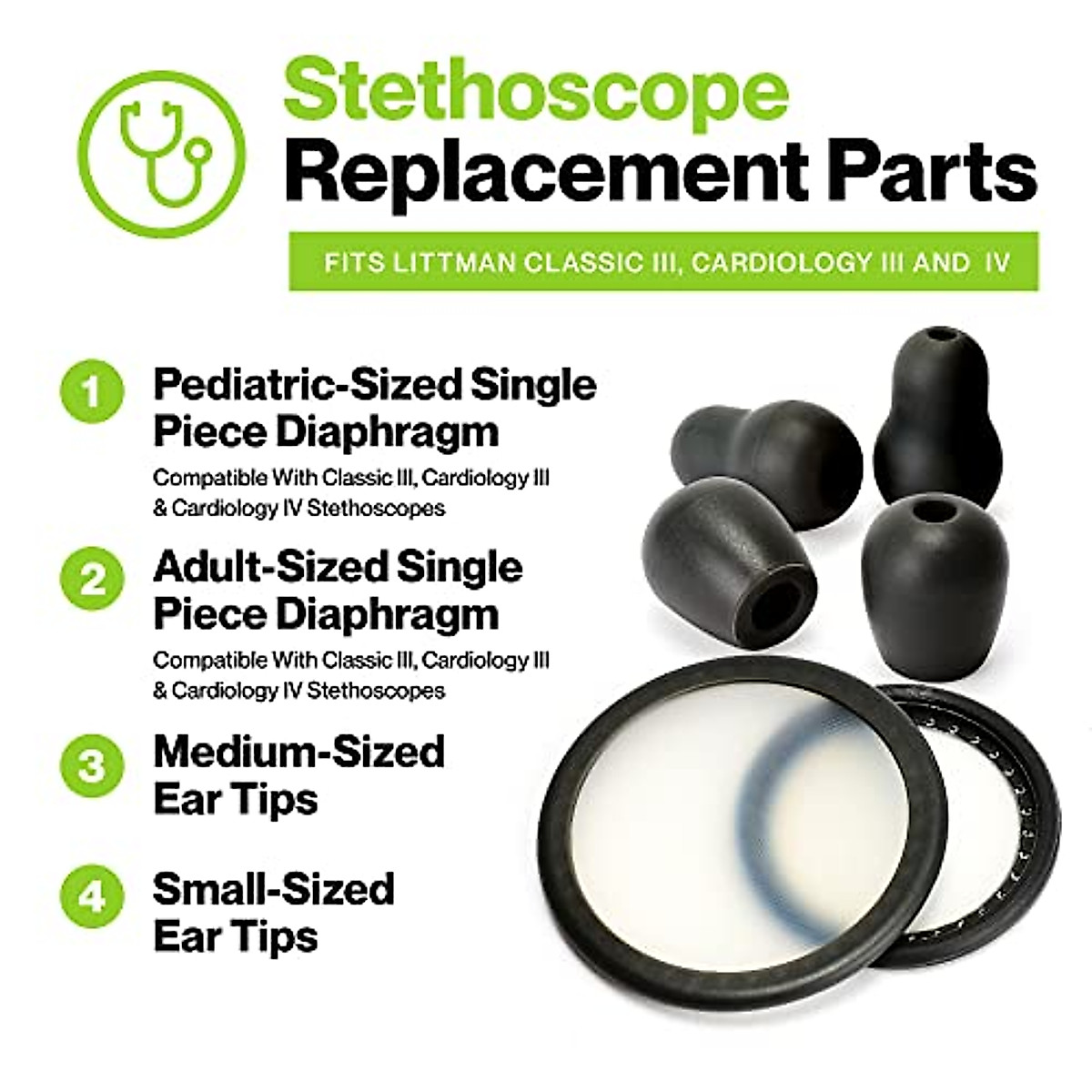 Durabasics Classic 3, Cardiology 3 & Cardiology 4 Stethoscope Accessories Kit for Littman Stethoscope Replacement Parts & Littmann Stethoscope Parts - Fits Classic III, Cardiology III & IV - Black
