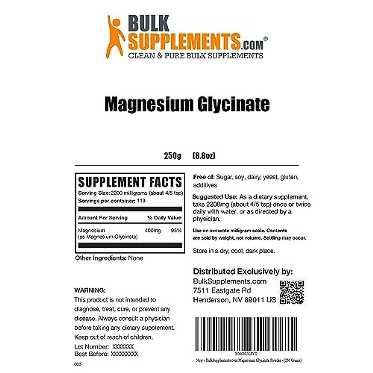 BulkSupplements.com Magnesium Glycinate Powder - Magnesium Bisglycinate, Magnesium Supplement, Magnesium Glycinate 400mg - Pure Magnesium Glycinate - 2200mg per Serving, 250g (8.8 oz)