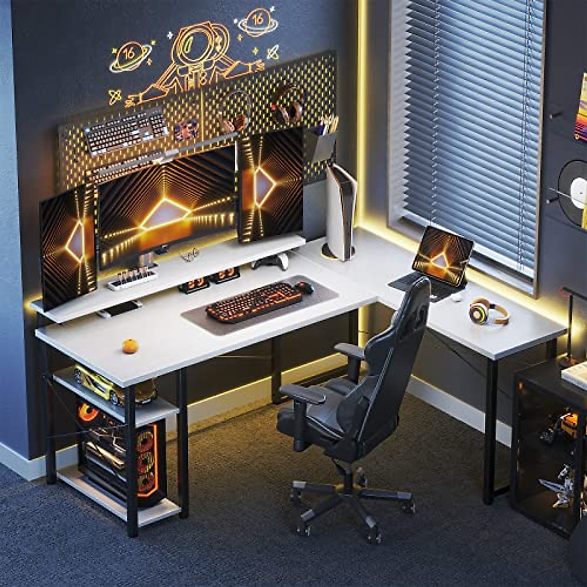 ODK L Shaped Gaming Desk, 61'' Corner Computer Desk with Monitor Stand & Storage Shelf, Sturdy Home Office Desk, Writing Desk Table, Work Desk, White