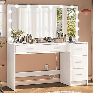 FIONESO 47.2" Large Vanity Desk with Mirror & 14 LED Lights, Makeup Vanity Table with 5 Drawers & Charging Station, Makeup Vanity Desk, 3 Lighting Colors, Dressing Vanity Table for Bedroom, White
