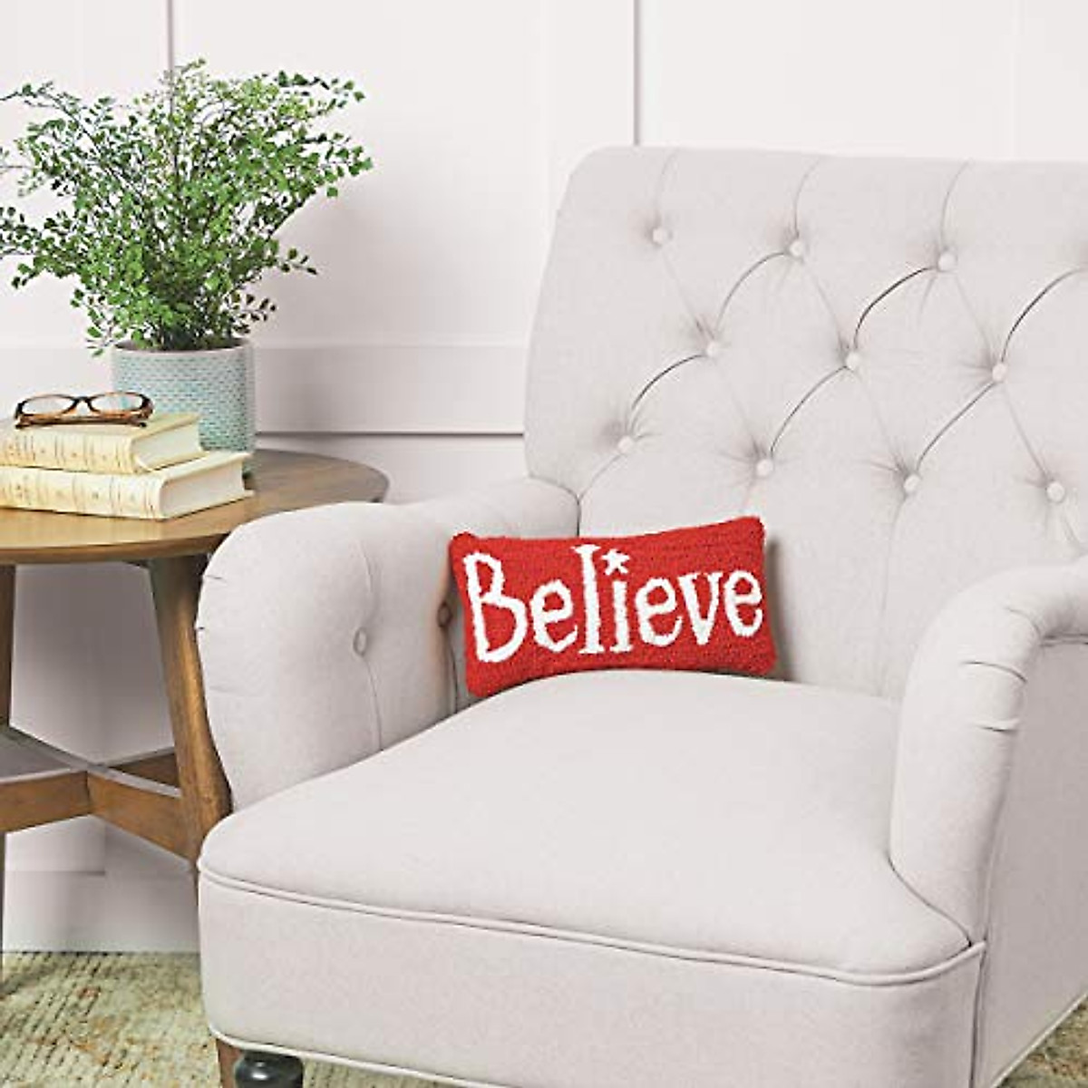 C&F Home Believe Hooked Pillow Petite Christmas Xmas Winter Decor Decoration Throw Pillow for Couch Chair Living Room Bedroom 6 x 12 Red