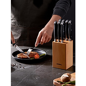 Aiheal Steak Knives Set of 8 with Beech Knife Block, 4.5 Inch Steak Knives with Unique Damascus Pattern, Non Serrated Stainless Steel Steak Knife Set, Full Tang Handle Design for Kitchen Dinner