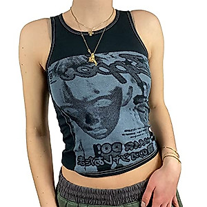 Women Face Portrait Print Y2K Tank Top Aesthetic Graphic Print E-Girl Camis Sleeveless Slim Vest Crop Top Streetwear (F-Black,S)
