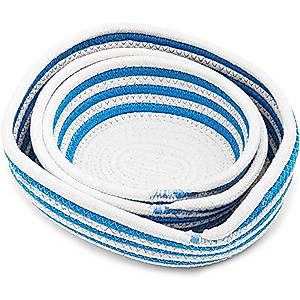 Round Woven Storage Baskets, Blue and White Stripes (3 Sizes, 3 Pack)