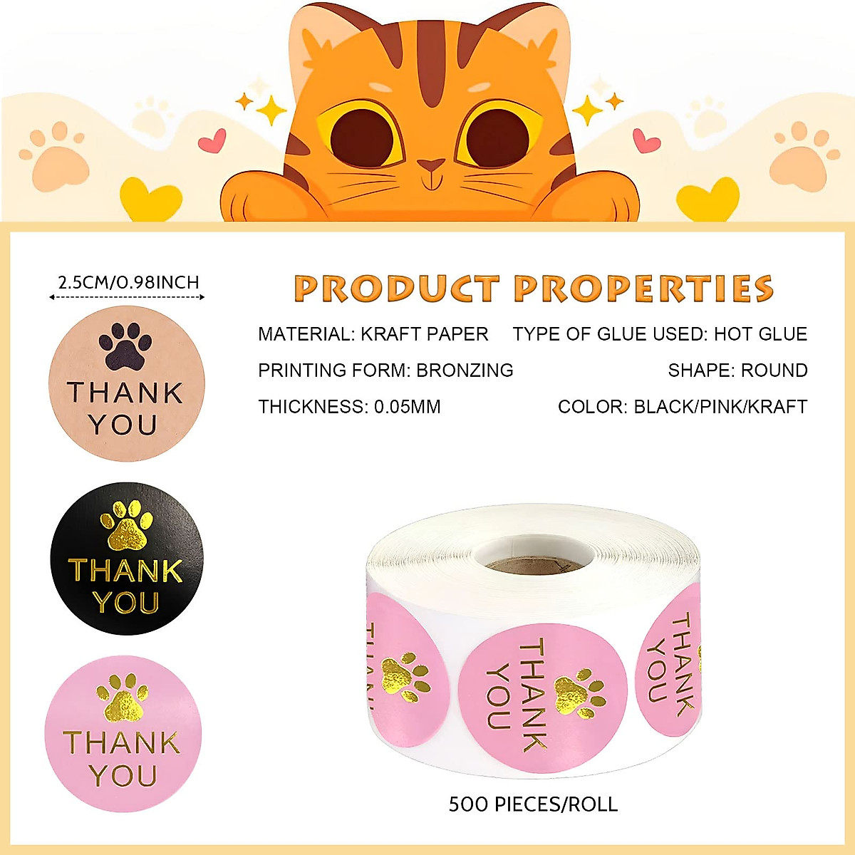 BLMHTWO 1500 Pieces Thank You Stickers for Packaging, Thank You Stickers Small Business Hot Stamping/Kraft Paper 1inch Cat Paw Party Gift Envelope Seals Birthday Gift Box