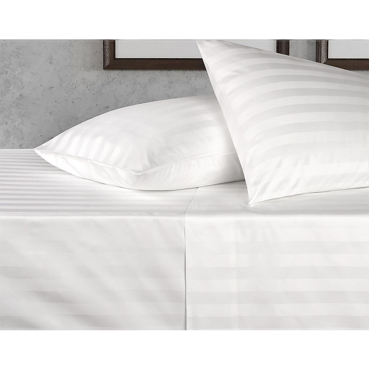 Damask Stripe Queen Size 7-Piece Duvet Cover and Bed Sheet Set 17 inch Deep Pocket - Complete Luxury Soft 1000 Thread Count 100% Egyptian Cotton Bedding Set - White