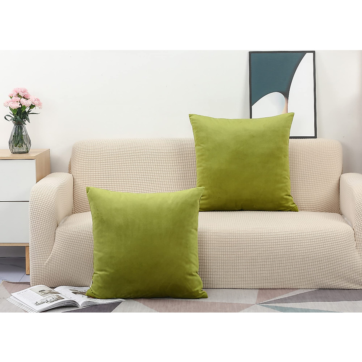 TangDepot Set of 2 Velvet Throw Pillow Covers, Super Soft, Euro Pillowcases - (24x24 Inch 2 Pieces, G01 Olive Green)