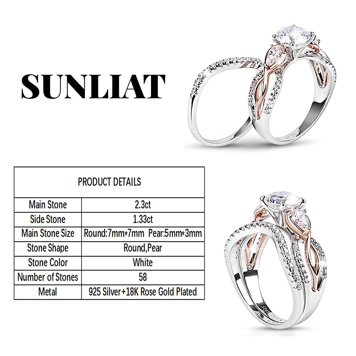 SUNLIAT Engagement Ring Bridal Sets for Women,925 Sterling Silver Rose Gold Plated Cubic Zirconia Wedding Band Ring Set, Promise Rings for Her Anniversary Rings Size 8.5