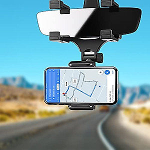 Car Rear View Mirror Phone Mount, Universal 360° Rotation Expandable Car Phone Holder Cradle for Most Mobile Phone Devices iPhone 13/13 Pro/12/11/XS/XR/8 Plus, Samsung Galaxy, GPS Google Map