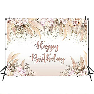 Mocsicka Boho Happy Birthday Backdrop Women Girls Boho Chic Pink Flowers Birthday Background Vinyl Bohemian Pampas Grass Party Cake Table Decorations Photo Booth (7x5ft)