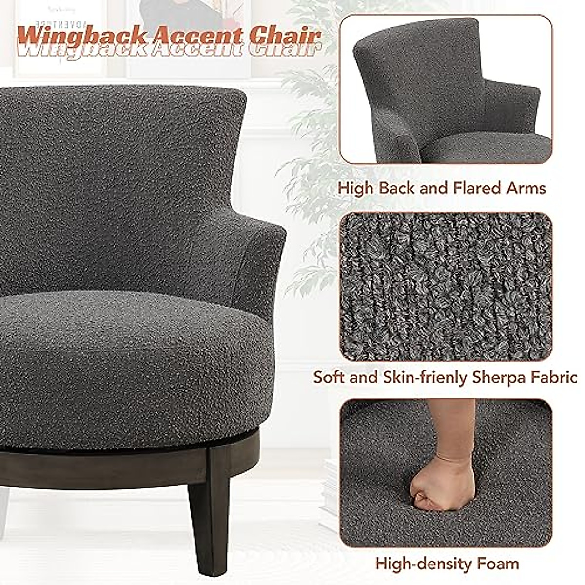 Goohome 360 Degree Swivel Wingback Accent, Comfy Upholstered Sherpa Fabric Seating Armchair with Rubberwood Legs for Living Room, Leisure Arm Chair for Lounge, Dark Grey