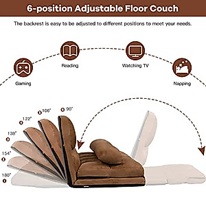 GOFLAME Convertible Floor Sofa, 6-Position Floor Couch with 2 Removable Pillows & Thick Sponge Cushion, Floor Cushion Couch, Load 330LBS, Adjustable Lazy Floor Sofa Bed for Living Room Bedroom (Brown)