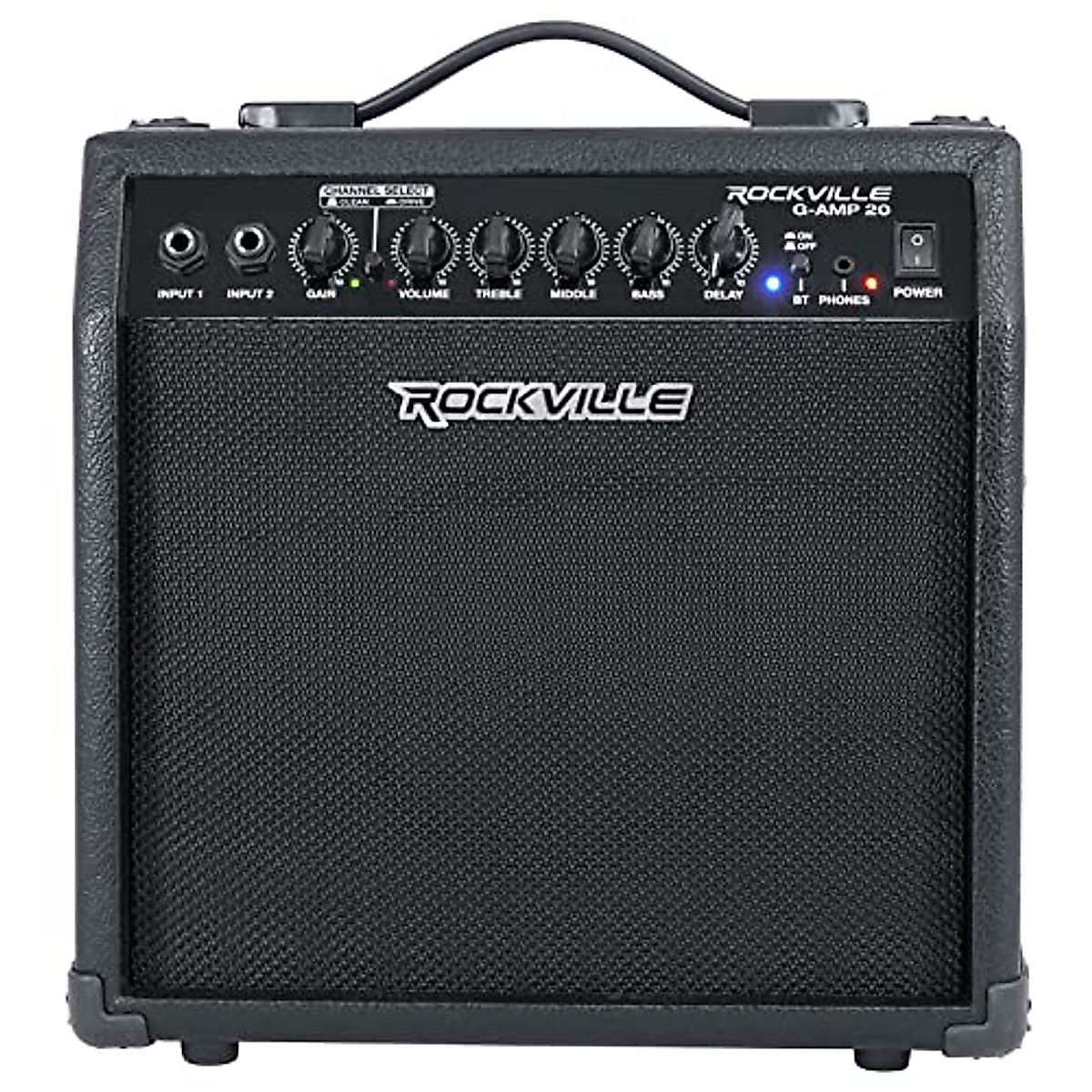 Rockville G 20 Watt Guitar Amplifier Dual Input Combo Amp Bluetooth/Delay, Black