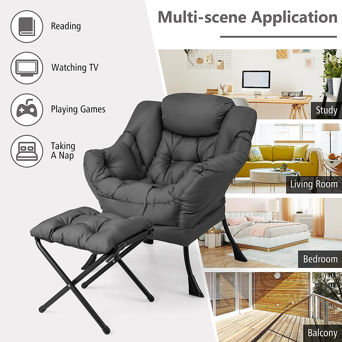 Giantex Lazy Chair with Ottoman, Accent Sofa Chair with Folding Footrest, Side Storage Pocket, Upholstered Leisure Lounge Armchair with Stool for Bedroom, Living Room, Office, Gray