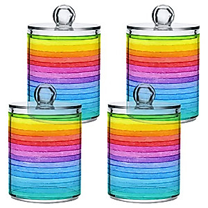 Kigai 2 Pack Rainbow Stripe Qtip Holders Dispenser Bathroom Vanity Organizers Clear Plastic Apothecary Jars with Lids for Cotton Ball, Cotton Swab, Cotton Round Pads, Floss