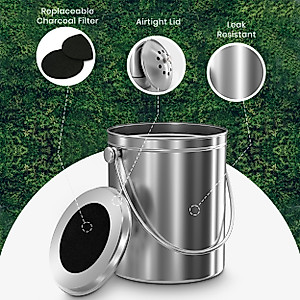 Utopia Kitchen Compost Bin for Kitchen Countertop - 1.3 Gallon Compost Bucket for Kitchen with Lid - Includes 1 Spare Charcoal Filter (Silver)