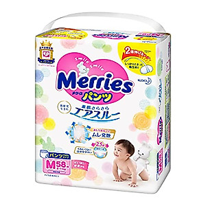 Pull Up Pants Size Medium (11-20 lbs) 58 Counts – Merries Pants Bundle with Americas Toys Wipes – Japanese Diaper Pants Safe Materials, Indicator Prevents Leakage, Soft for Tummy – Packaging May Vary