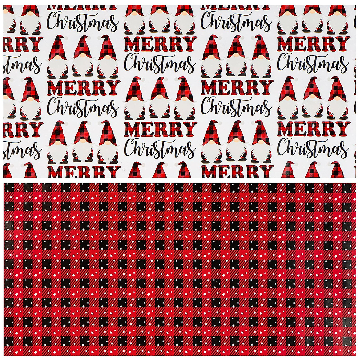 LeZakaa Reversible Christmas Wrapping Paper - Jumbo Roll - Gnome & Buffalo Plaid - 30 inches x 100 Feet (250 sq.ft.)