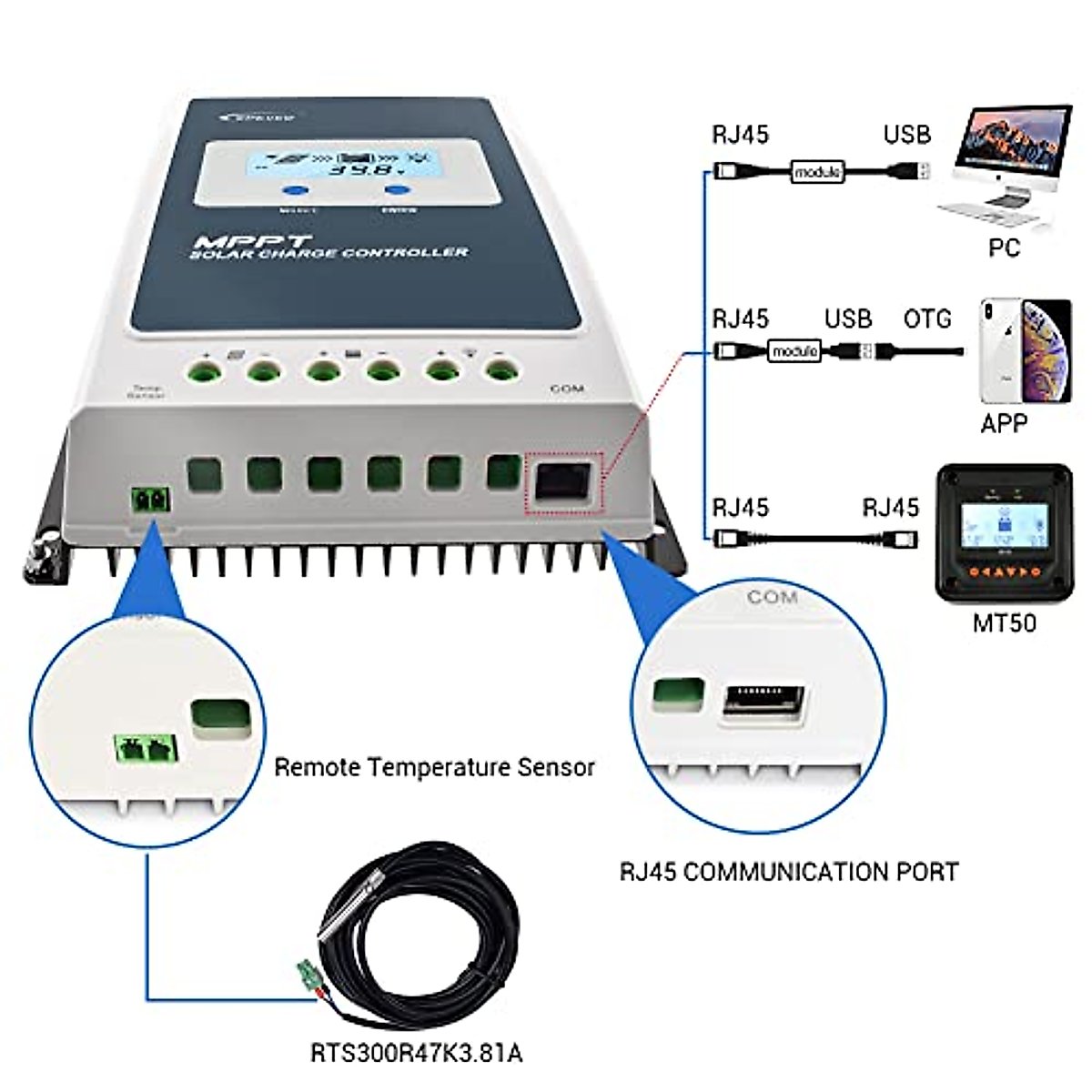 EPEVER 30A Solar Charge Controller MPPT 12V / 24V Auto Max.PV 100V Input Negative Ground Solar Panel Charge Regulator with MT50 Remote Meter Temperature Sensor RTS & PC Communication Cable RS485