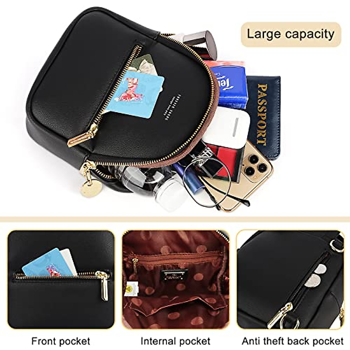 Aeeque Women Mini Backpack Purse, Casual Leather Crossbody Phone Bag Small Back Pack Ladies Tiny Shoulder Bags, Cute Little Backpacks Gift for Girls Women Black