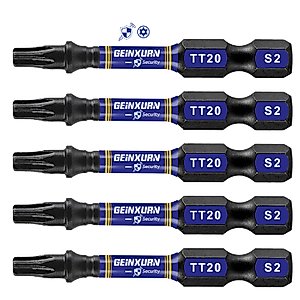 Geinxurn 5 Pieces T20 Hollow 2 In. Impact Tough Magnetic Insert Bit Set, #20 Security Torx Head Power Bits, S2 Alloy Steel Star T20 Screwdriver Bits Set