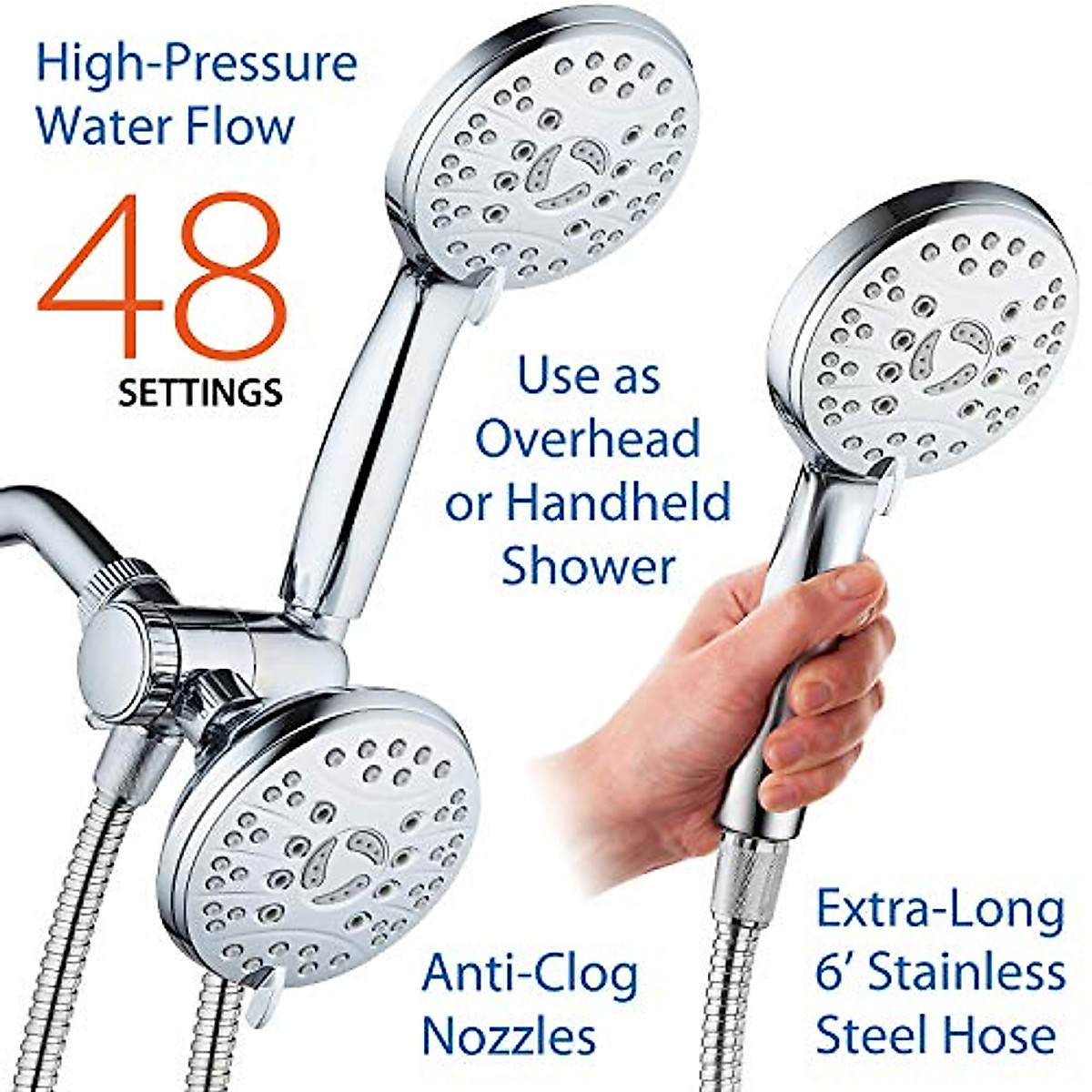 AquaSpa High Pressure 48-mode Luxury 3-way Combo – Dual Rain & Handheld Shower Head – Extra Long 6 Foot Stainless Steel Hose – Extra Large Face – Anti Clog Jets – All Chrome Finish – Top US Brand