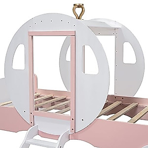 Twin Size Princess Bed with Carriage Shaped Appearance, Wood Girls Bed with Headboard and Footboard, Little Girl Platform Bed, No Box Spring Needed, Pink+White