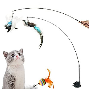 Cat Feather Toys Interactive Cat Toy with Super Suction Cup Detachable 6 PCS Feather Replacements with Bell 2 Wand Cat Spring Feather Toys for Indoor Cats Kitten Play Chase Exercise