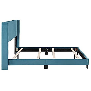 Prohon Bed Frame Queen Size with Velvet Wingback Headboard, Upholstered Platform Bed Box Spring Needed, Silent Design Comfort Bedframe w/Strong Wood Slats Support, Easy to Install, Blue