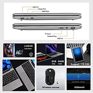 Ruzava Laptop Windows 10 14" 64GB Storage Support 1TB SSD Expansion 6GB RAM 1920x1080 FHD Traditional Laptops Computer 2.4G+5G WiFi Bluetooth 4.2 USB HDMI Aocwei for Work Study -Gray