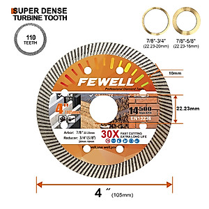 FEWELL 4Inch Super Thin Diamond Ceramic Saw Blade,Turbo Blade Cutting disc for Porcelain,Ceramic Tile Granite Brick and Concrete 105x10x22.23mm (1-Pack)