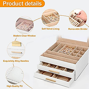 Zglori Jewelry Box, 3 Layers Jewelry Organizer with Glass Lid, 2 Drawers Jewelry Storage Case Holder for Women, Girls