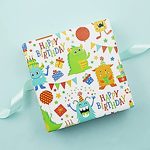 Happy Birthday Little Monsters Wrapping Paper Set of 4 Sheets Folded Flat 20x28 inches Per Sheet For Boys Kids Girls Men Women, Colorful Gift Wrap Paper For all Birthday Party Baby Shower Kindergarten Celebrating Occasions