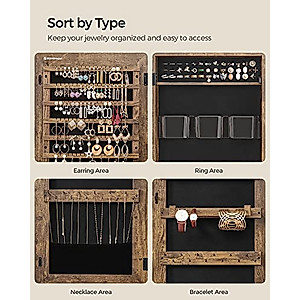 SONGMICS Jewelry Cabinet Armoire, Lockable Wall-Mounted Storage Organizer Unit with 2 Plastic Cosmetic Trays, Full-Length Frameless Mirror, Textured Brown UJJC001X01