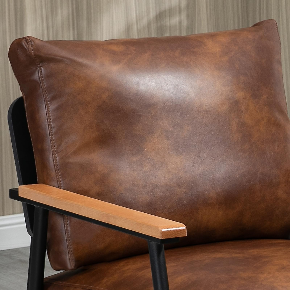 GYI Brown Leather Accent Chair Set of 2, 23.6'' Wide Armchair Set of 2, Industrial Black Metal Frame Accent Chairs with Wood Arms for Living Room, Bedroom