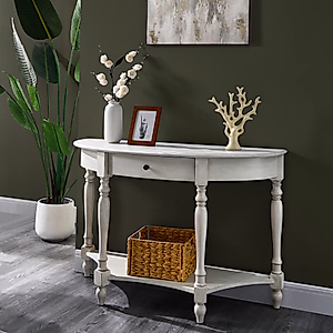 MODERION Solid Wood Console Table with Drawer, Semi-Circle Entryway Table with Storage Shelf, Half-moon Traditional Elegant Vintage Sofa Table for Living Room, Small Space, Antique White SFZ12233RW