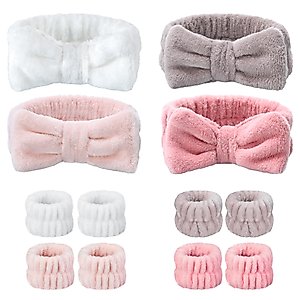 VITEVER 4 Pack Spa Headband for Washing Face with 8 Wristbands, Girl Hair Band, Microfiber Women Headbands, Headband and wrist bands to Skincare, Cosmetic, Shower-White, Brown, Rose Pink, Light Pink
