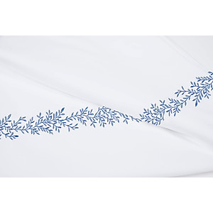 Melange Home Floral Embroidered Duvet Set Full and Queen Size White Sheet Set 600 Thread Count 100% Sateen Cotton Luxury Hotel Bedsheet - Oeko Tex Certified Deep Pocket - Blue Embroidered Piping