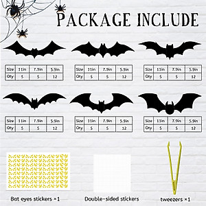 132 Pcs Halloween Bats Wall Decor with Glow in The Dark Eyes, Large Halloween 3D Bats Stickers Black Bats Decals Decorations Indoor, PVC Bats for Halloween Party